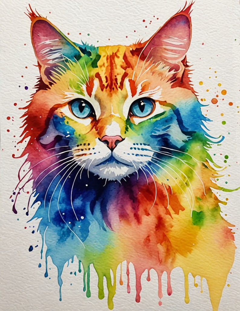 Watercolor Print Rainbow Fantasy Tabby Cat Drippy Colorful Pet Portrait ...