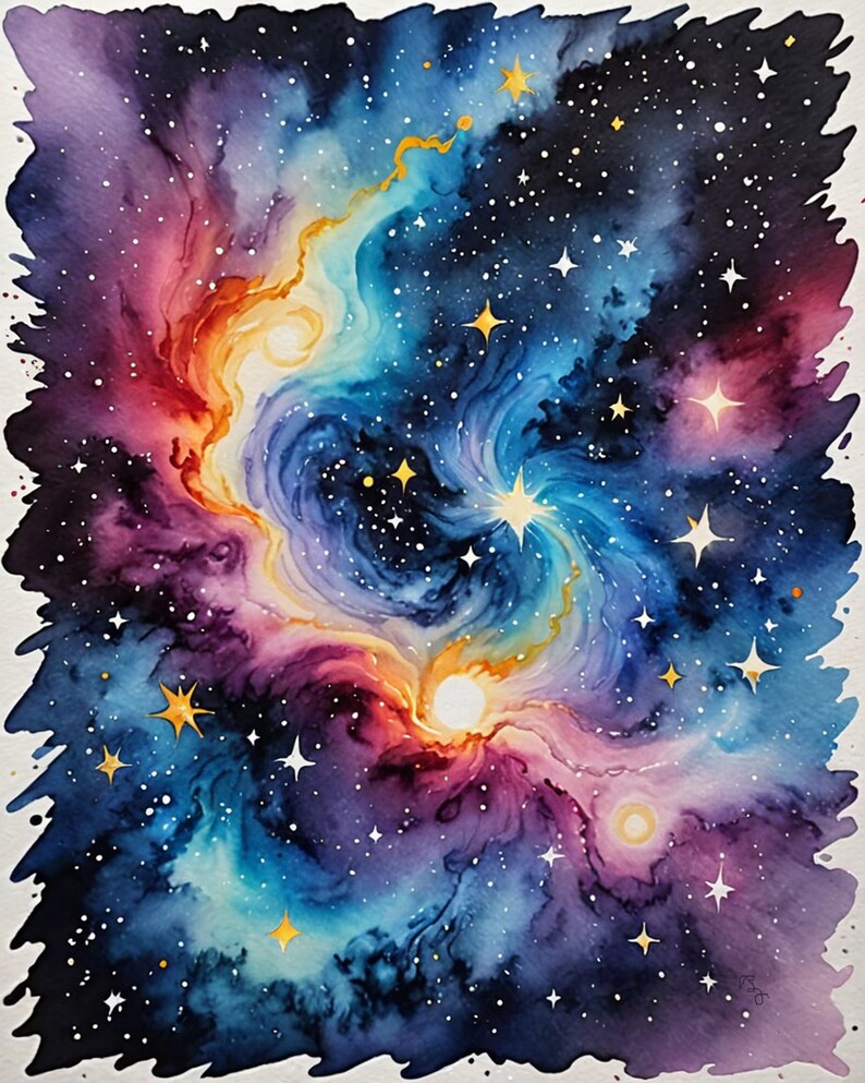 Watercolor Print Galaxy Stars Space Rainbow Universe Scrapbooking ...
