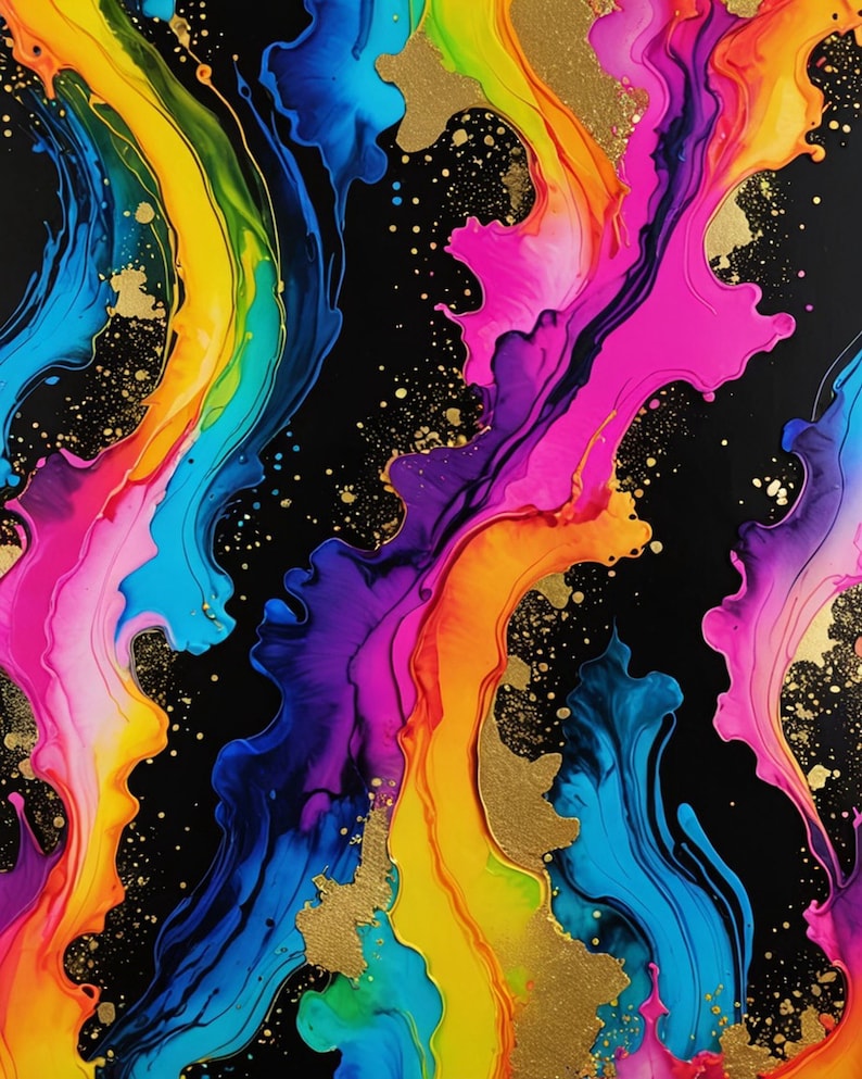 Elevated Acrylic Drip Pour Spatter Painting Prints Bold Neon Rainbow ...