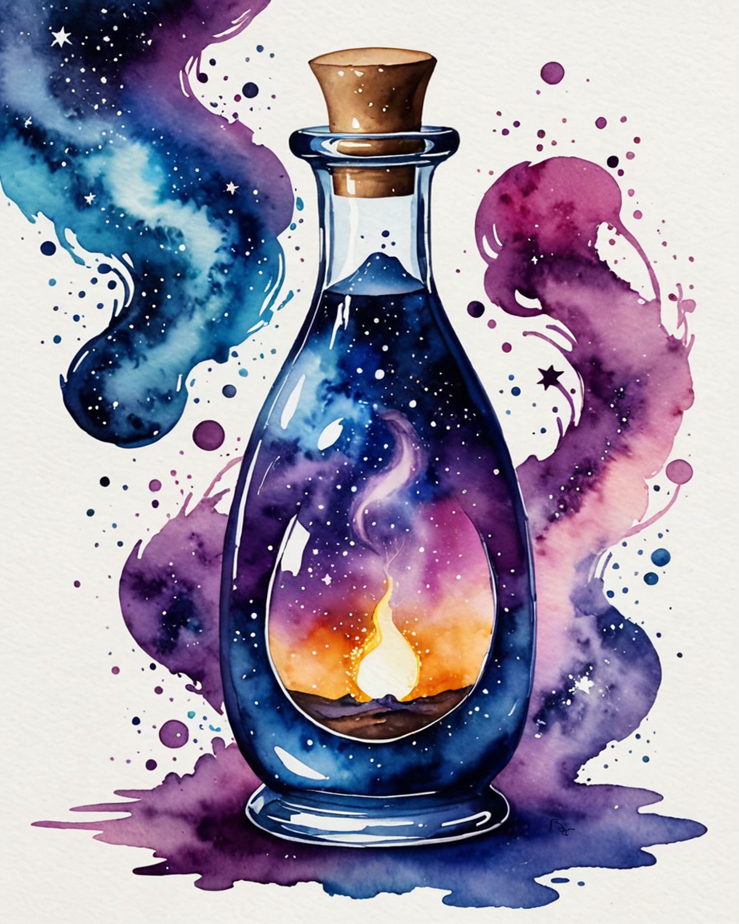 Watercolor Galaxy Fantasy Magic Fire in a Bottle Download Bedroom Bath ...