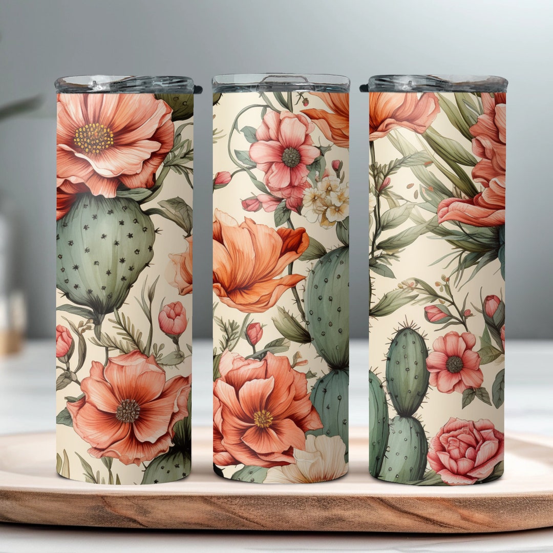 Seamless Floral Saguaro Cactus Wrap, Sublimation 20 Oz, Skinny, Instant ...