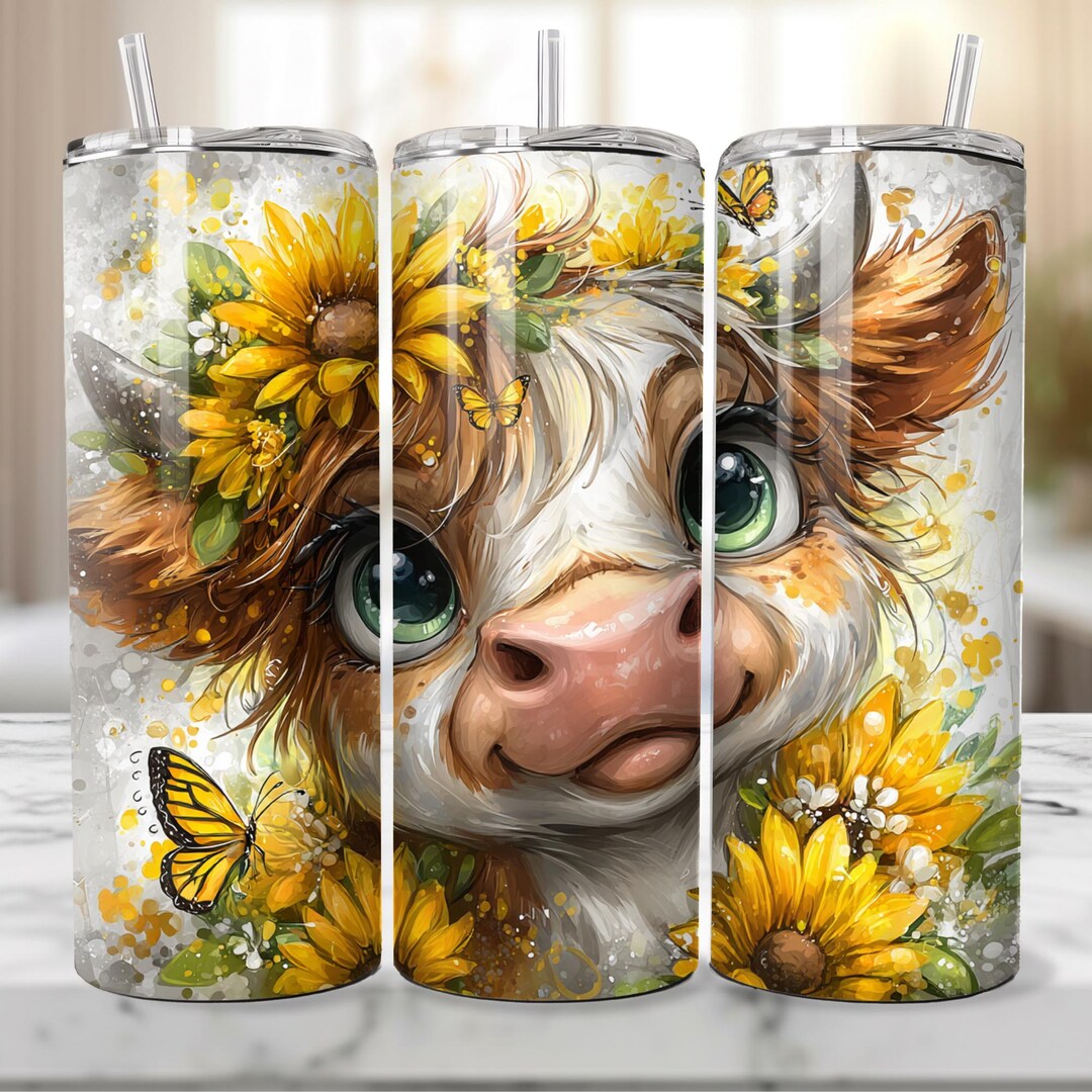 Highland Cow 20oz Tumbler Wrap - Sunflowers Tumbler PNG Design - Cute ...