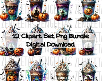 Halloween Coffee Clipart Set, Scary Gothic Watercolor Hot Coffee Drink ...