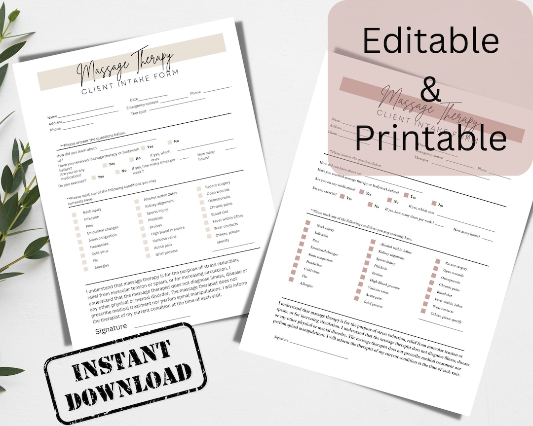 Client Intake Form | Massage Therapist | Editable | Printable | Massage ...