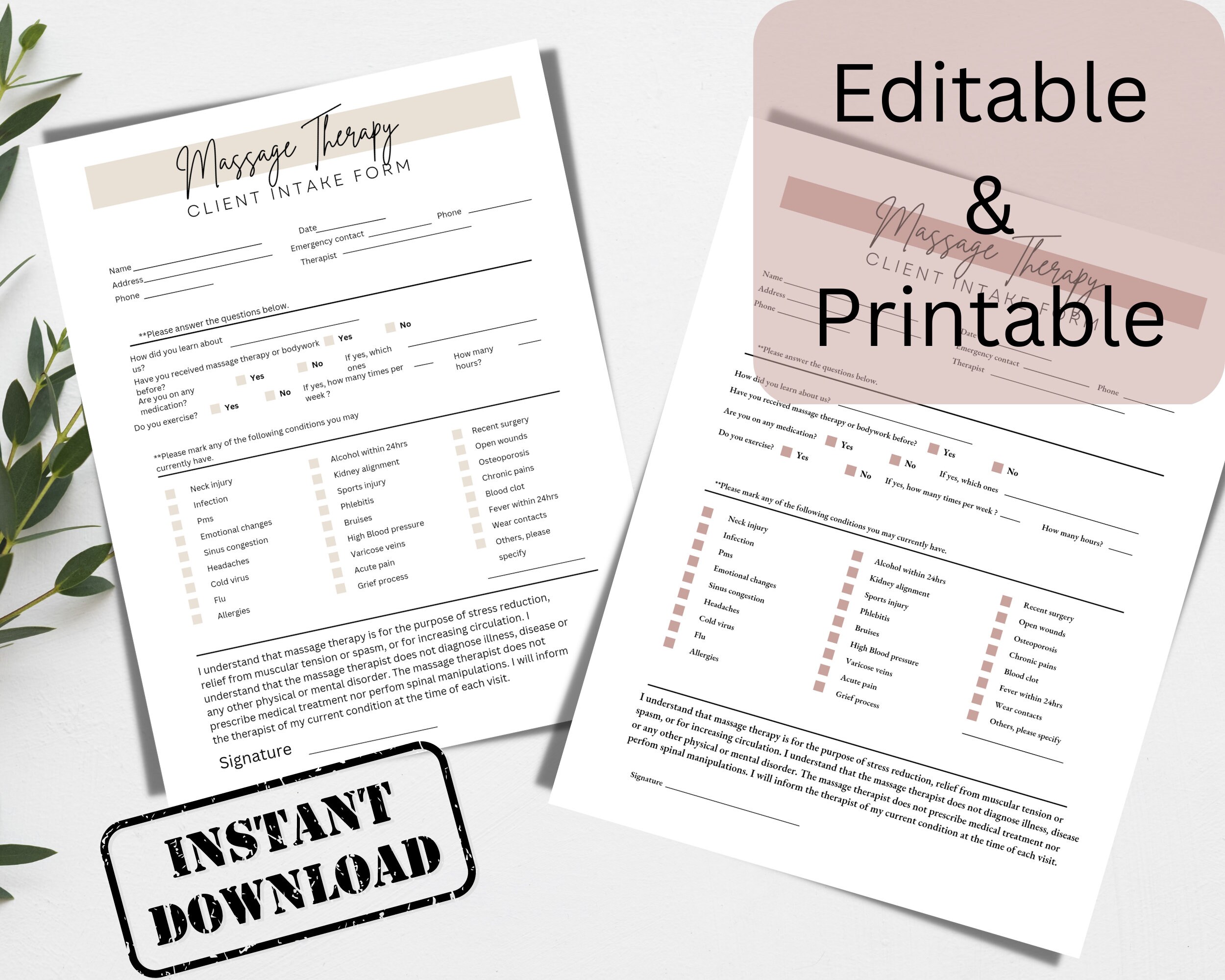 Client Intake Form | Massage Therapist | Editable | Printable | Massage ...