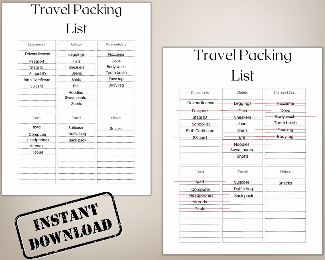 Travel Packing List | Printable | Editable | Vacation Check List ...