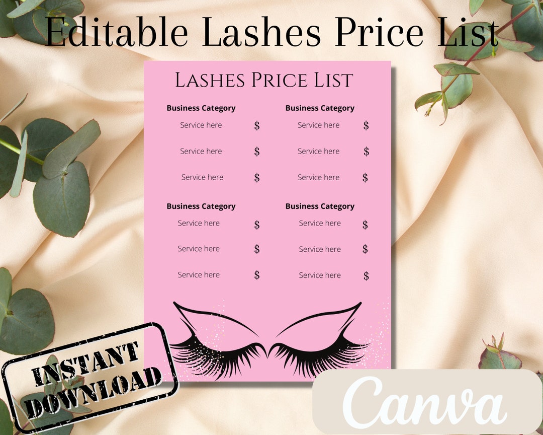 Editable Lashes Price List | Template | Printable | Instant Download ...