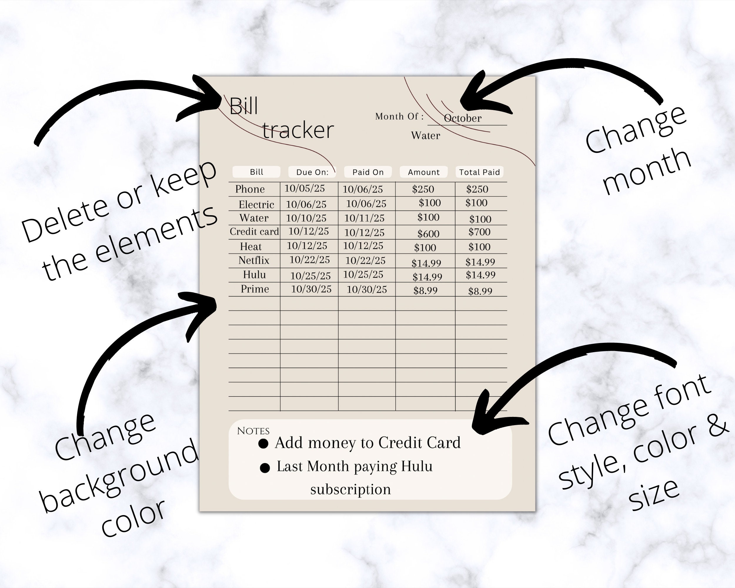 Monthly Bill Tracker Printable Editable Bill Log Template Bill ...