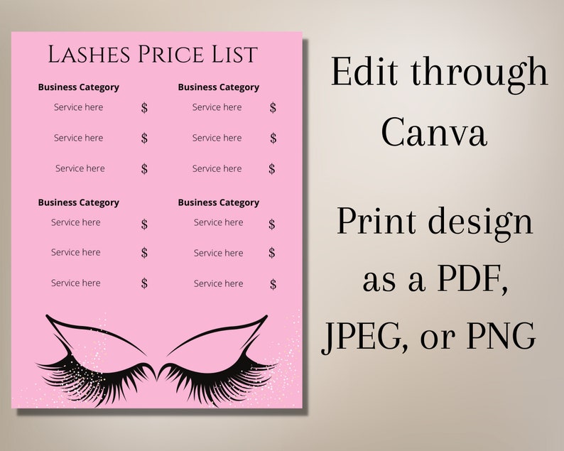 Editable Lashes Price List | Template | Printable | Instant Download ...