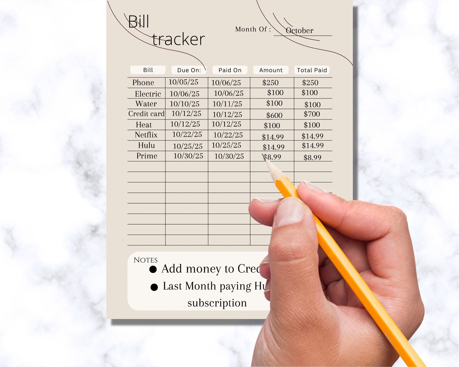 Monthly Bill Tracker Printable Editable Bill Log Template Bill ...