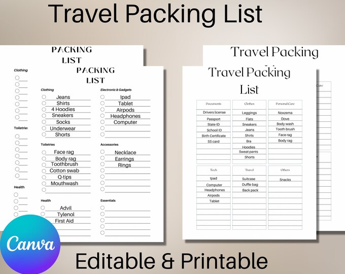 Editable Travel Packing List for Parents, Personalized Packing ...