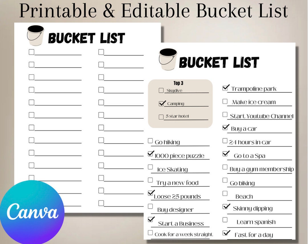 Editable Bucket List | Minimalist | Template | Printable | Instant ...