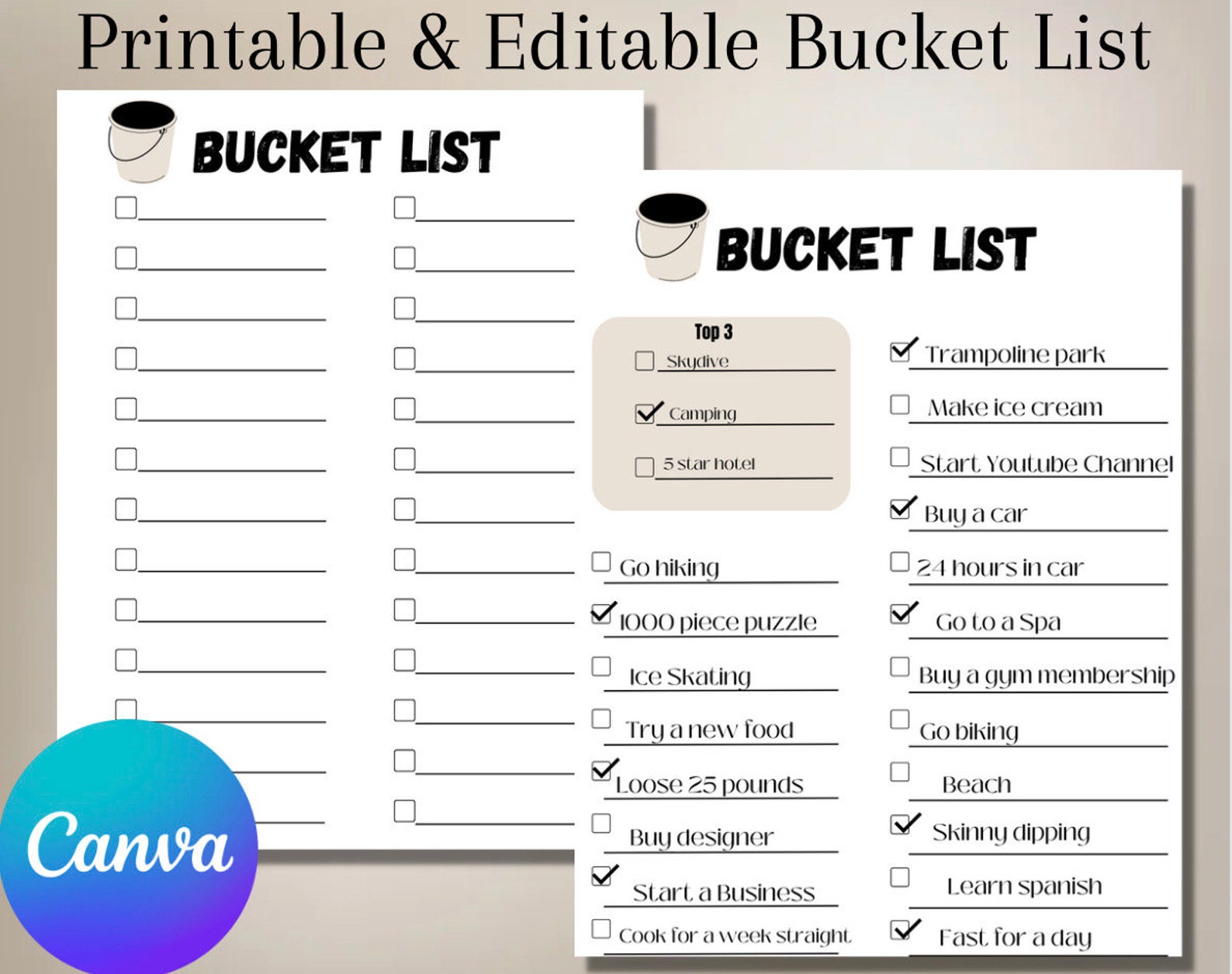 Editable Bucket List Minimalist Template Printable Instant Download ...