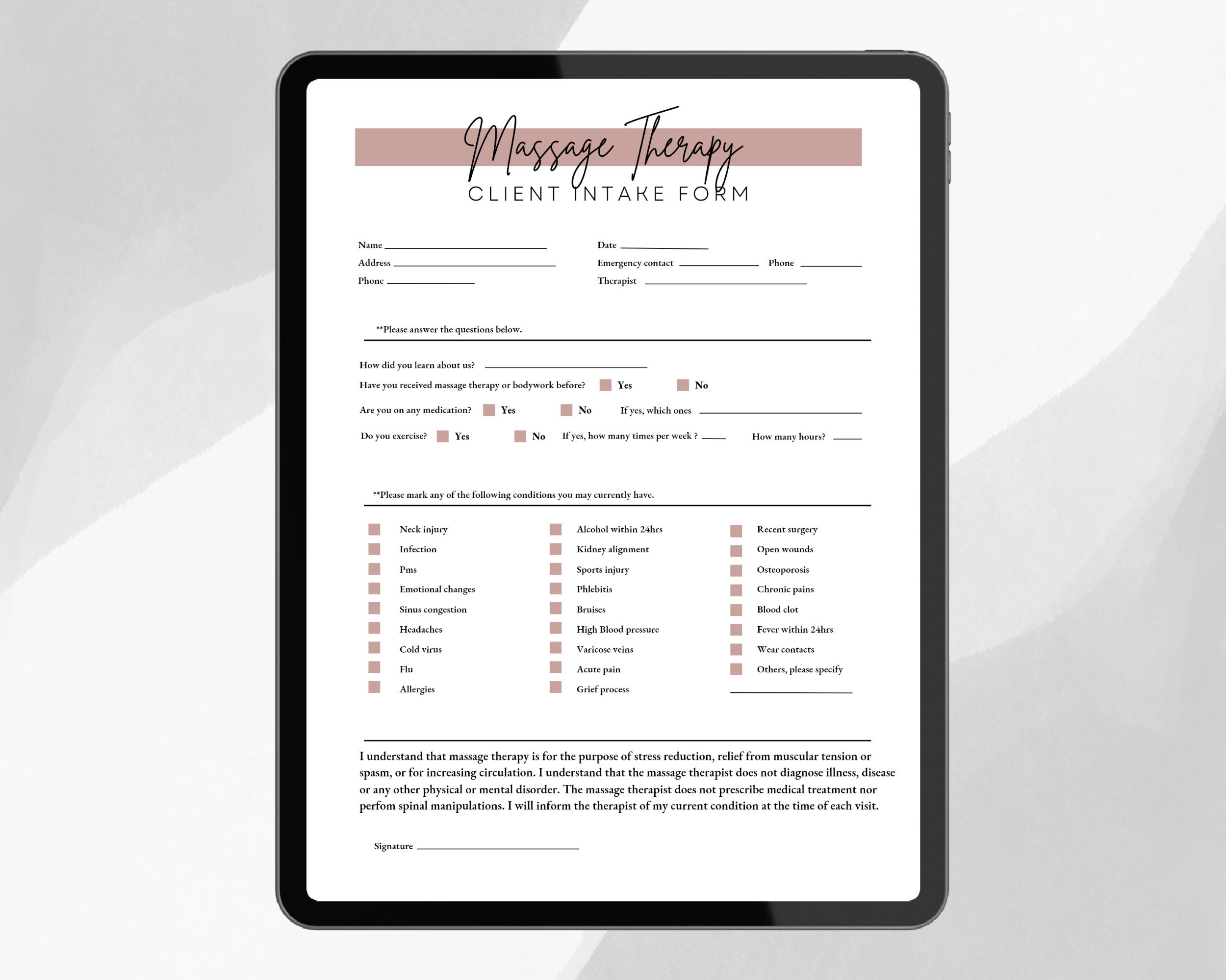 Client Intake Form | Massage Therapist | Editable | Printable | Massage ...