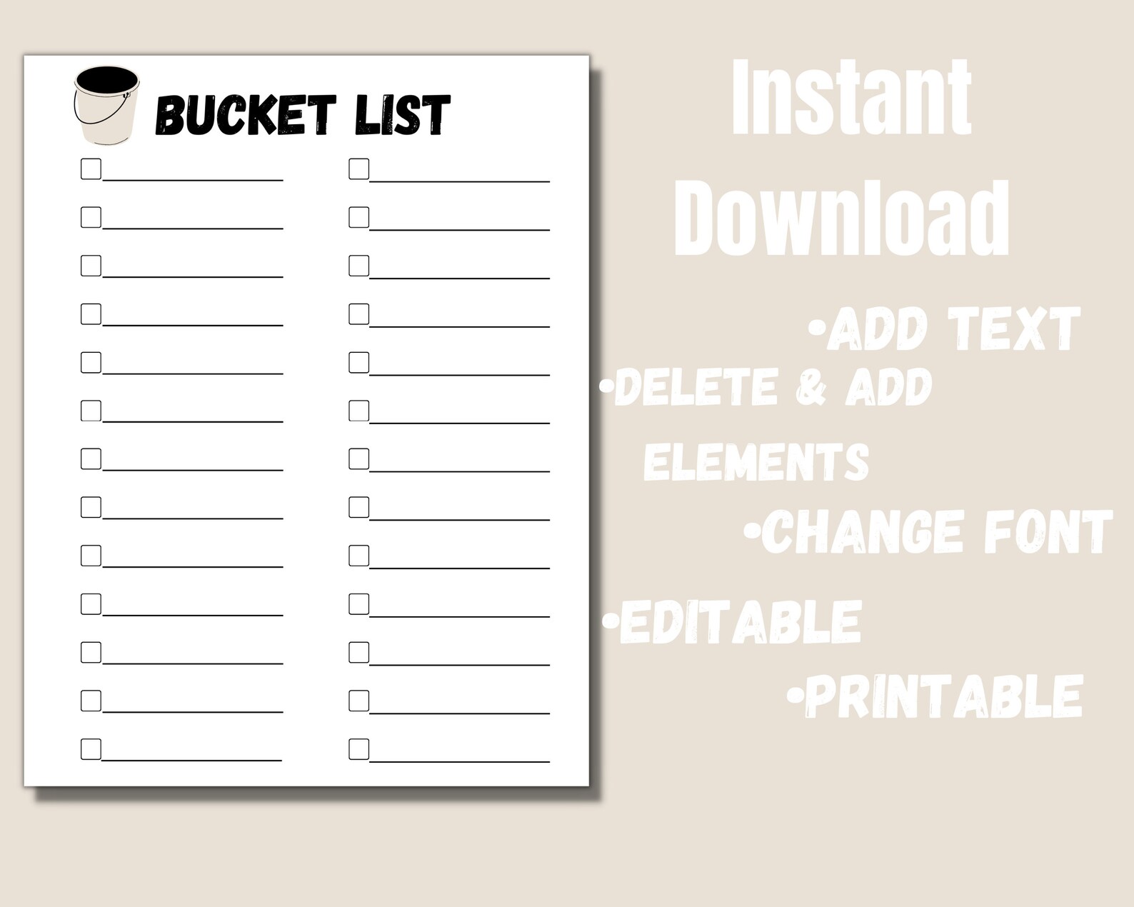 Editable Bucket List | Minimalist | Template | Printable | Instant ...