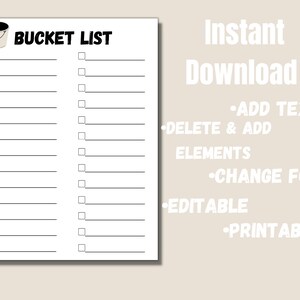 Editable Bucket List | Minimalist | Template | Printable | Instant ...