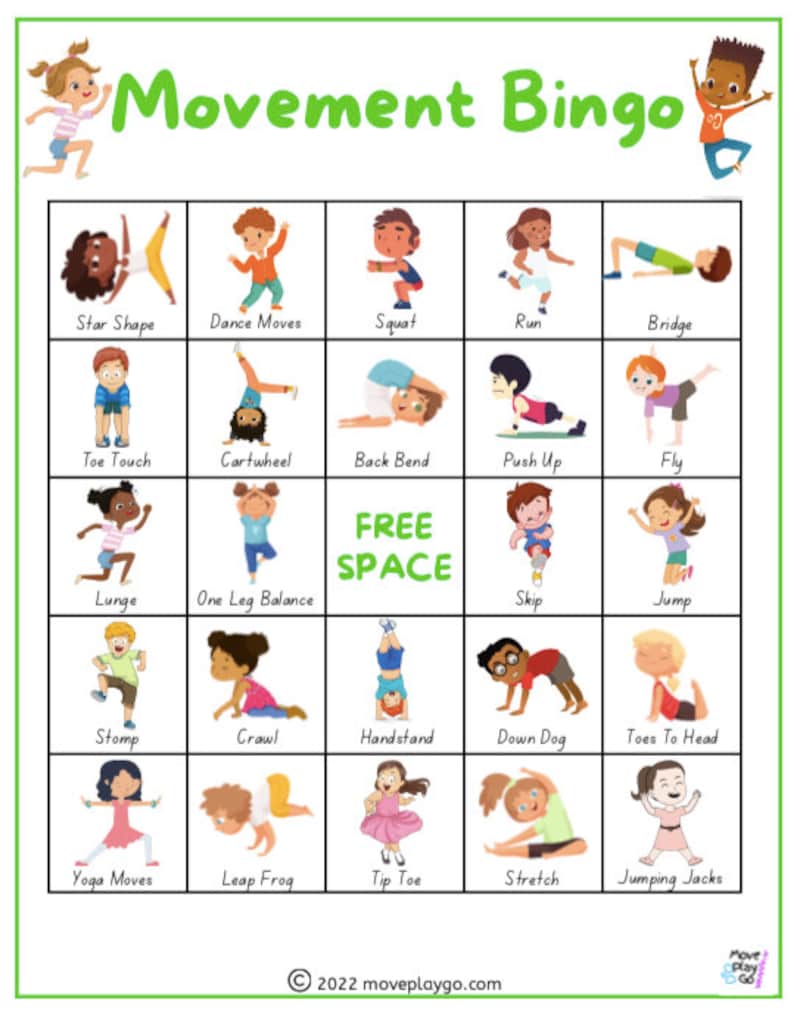 Movement Bingo, Bingo for Kids, Printable Bingo Cards, Bingo Game for ...