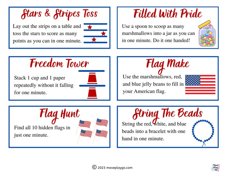 4th of July Minute to Win It Cards, Family Game Night, 4th of July ...