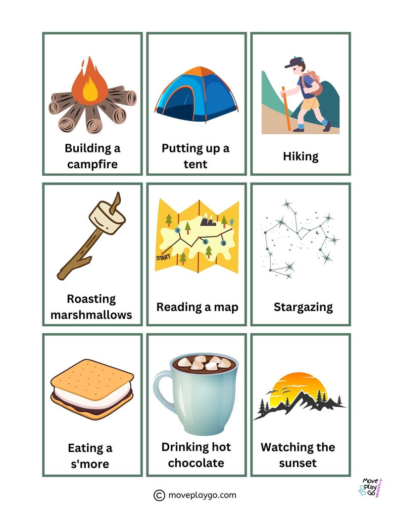 Printable Camping Charades Kids Activities, Camping Game Ideas, Camping ...