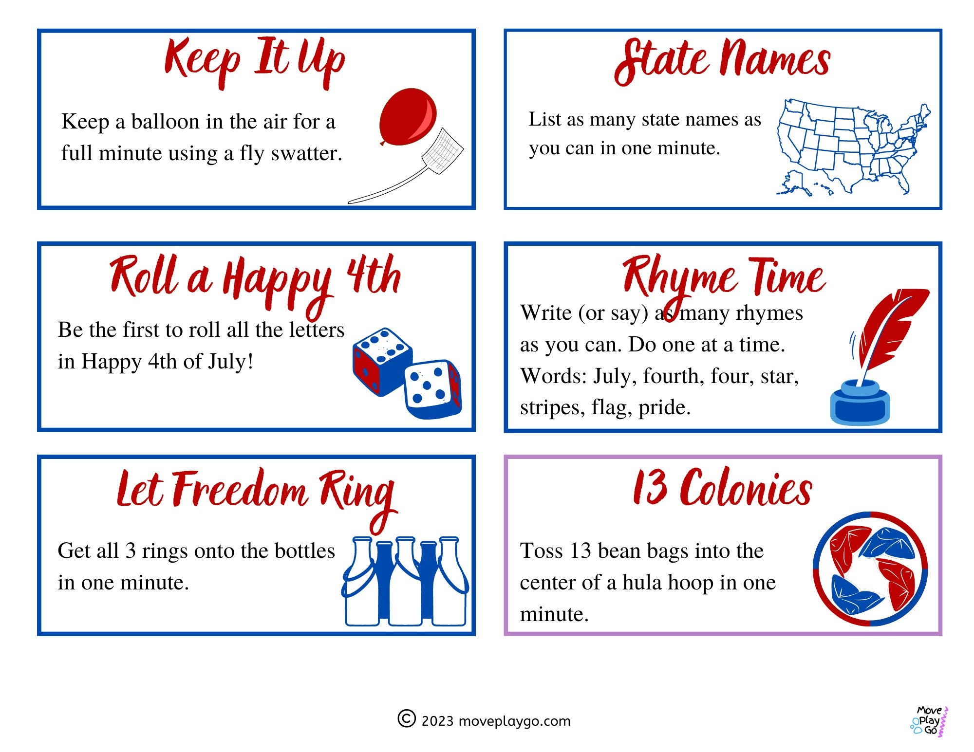 4th of July Minute to Win It Cards, Family Game Night, 4th of July ...
