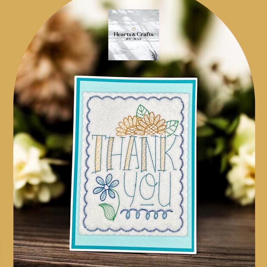 Embroidered Thank You Greeting Card, Handmade Floral Friend Notecard ...