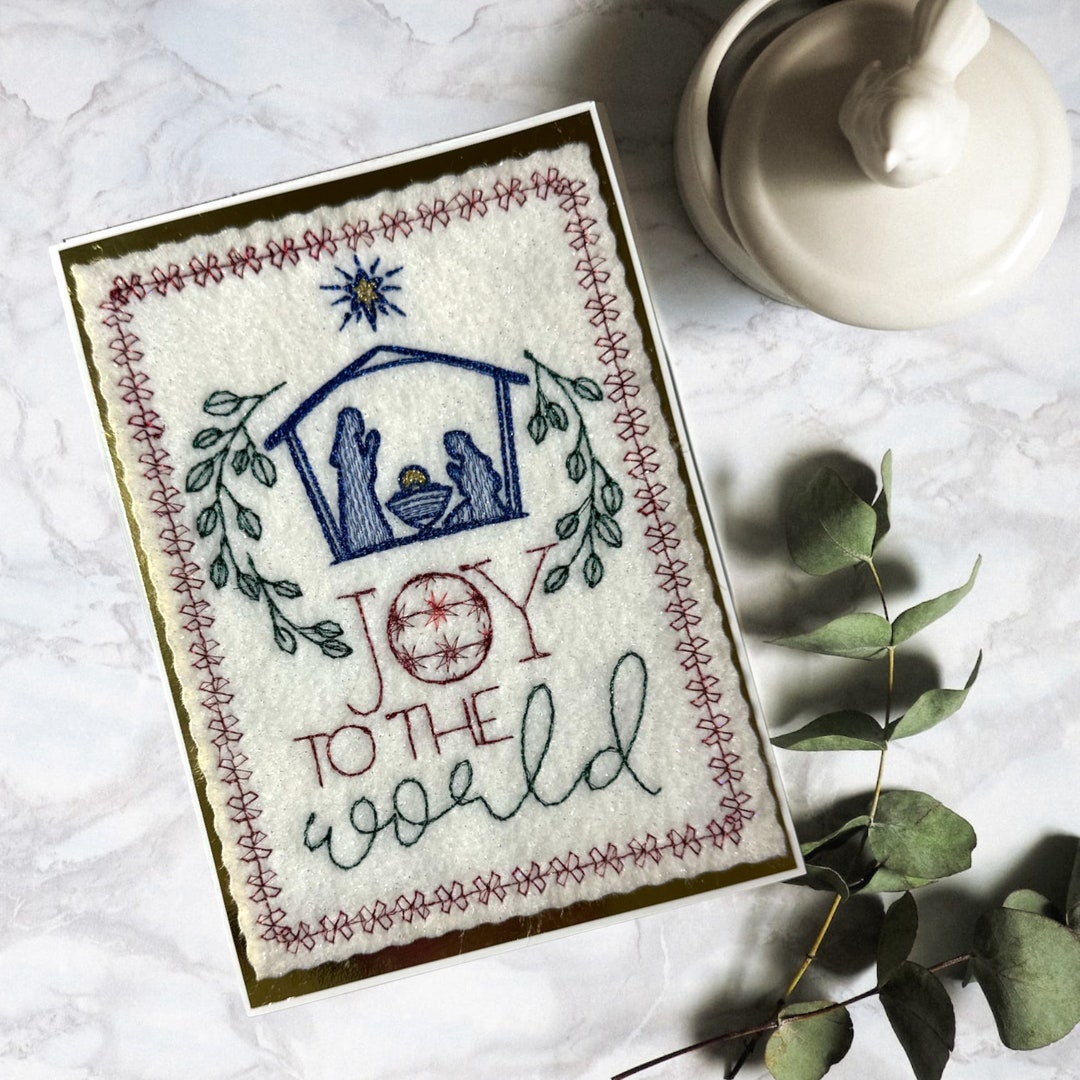 Embroidered Nativity Card, Handcrafted 5x7 Christmas Greeting Card, Joy ...