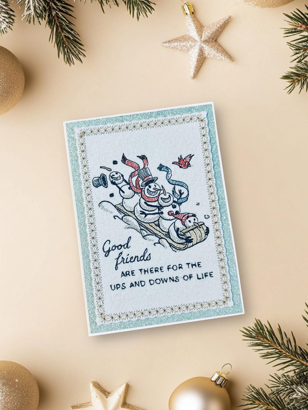 Handcrafted Embroidered Christmas Greeting Card, Snowman Friendship ...