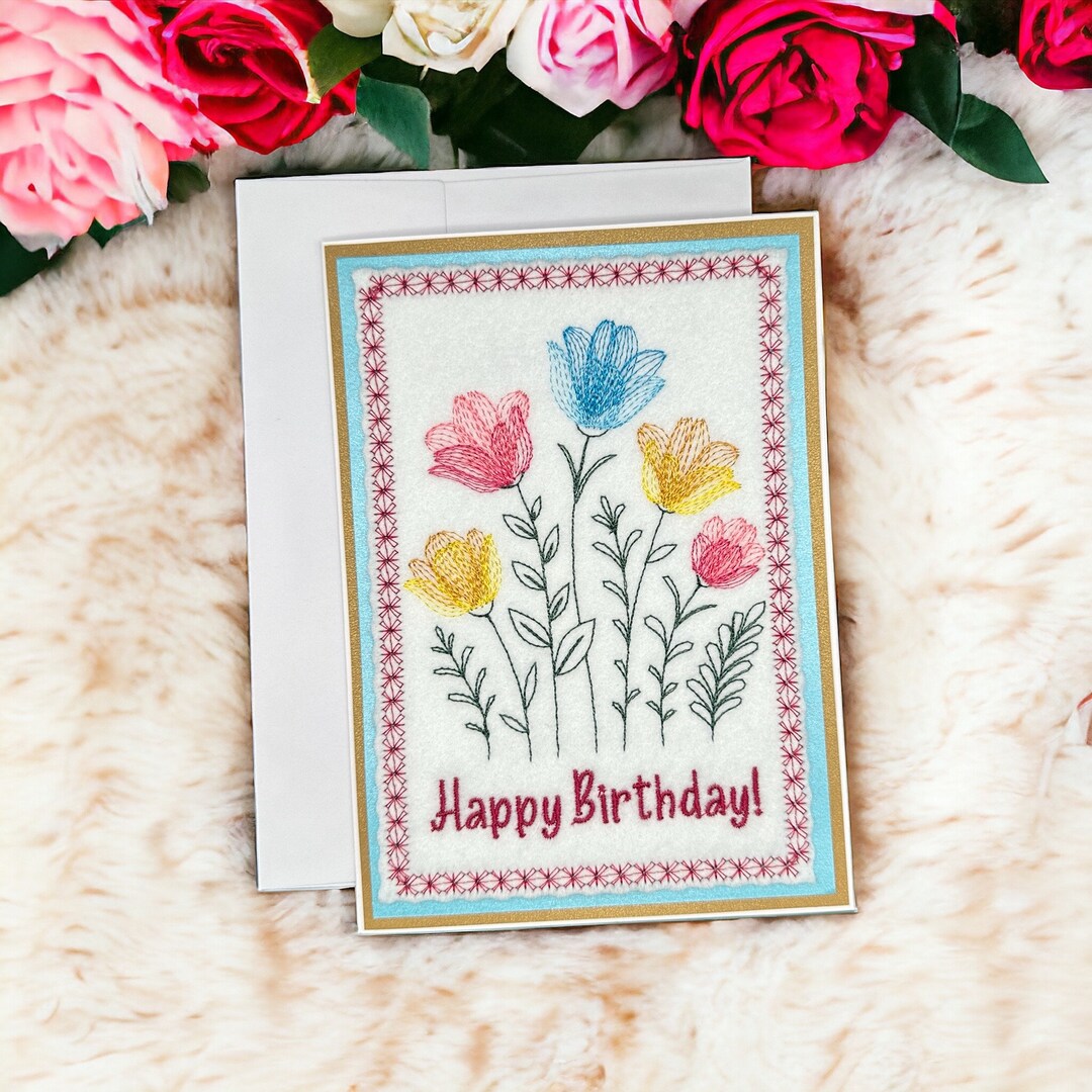 Happy Birthday Embroidered 5x7 Greeting Card, Unique Floral Design ...