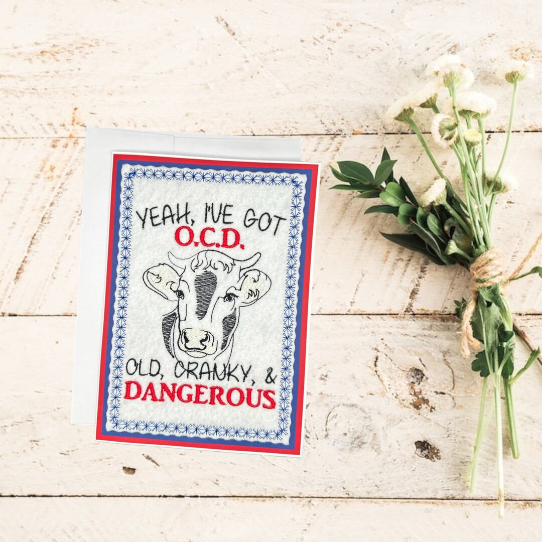 Embroidered 5x7 Greeting Card, OCD Card, Witty Cow Design, Humorous ...