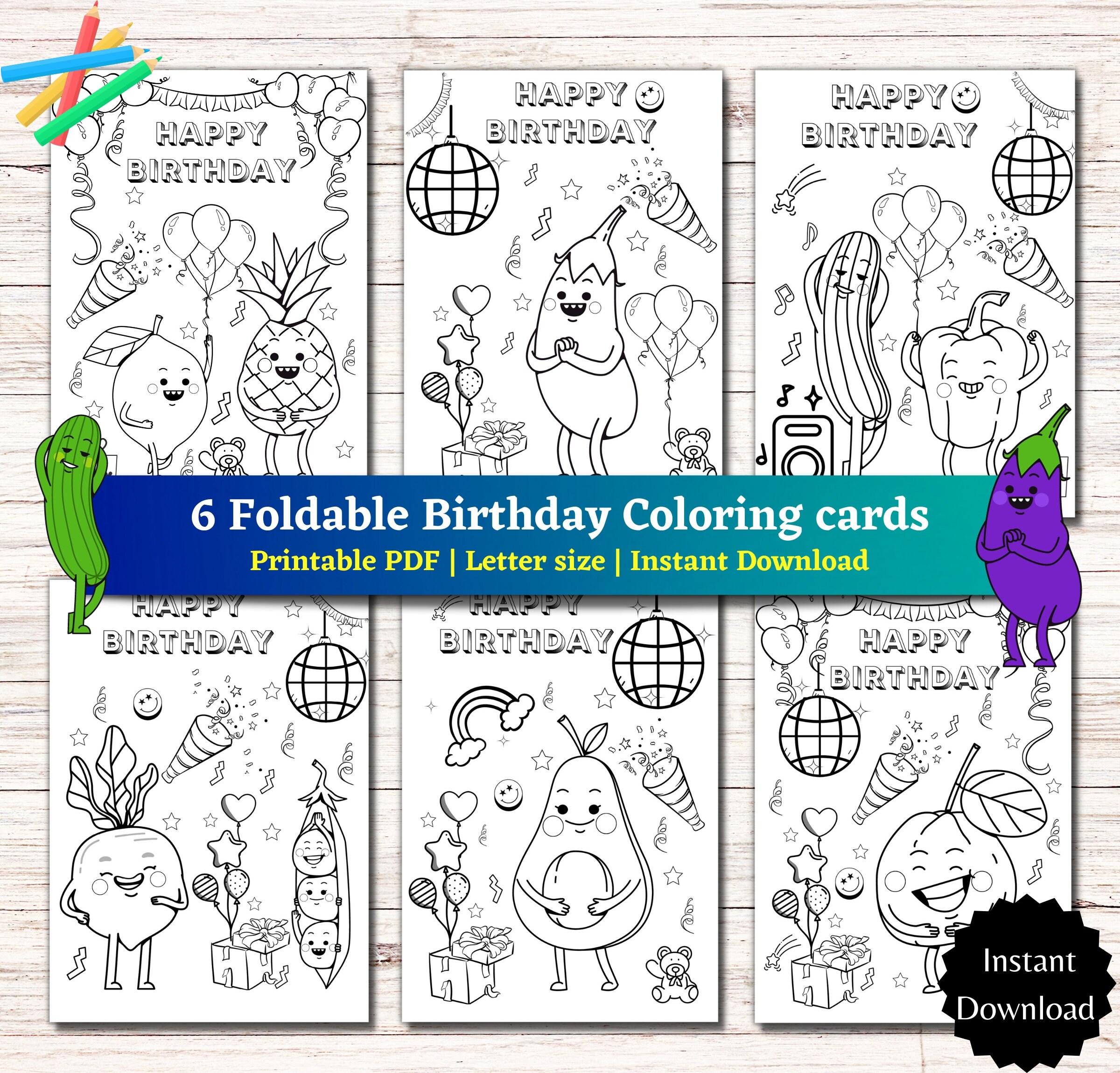 Happy Birthday Coloring Cards, 6 Fruits and Vegetable Coloring Cards ...