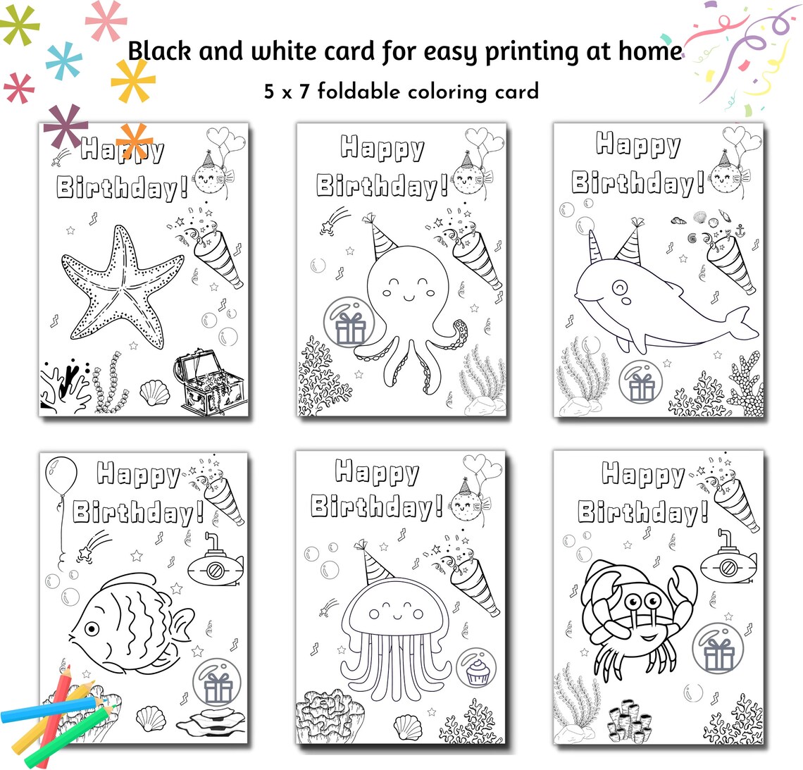 Printable Happy Birthday Coloring Cards, 6 Birthday Cards, Kids ...