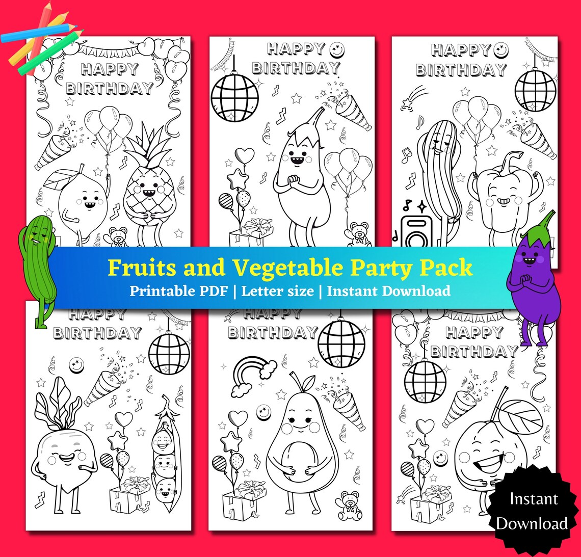 Happy Birthday Coloring Cards, 6 Fruits and Vegetable Coloring Cards ...