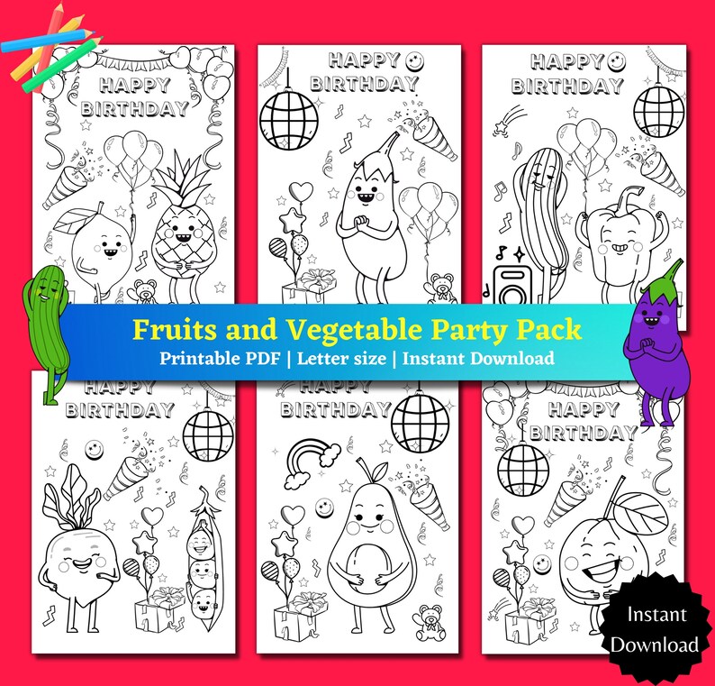 Happy Birthday Coloring Cards, 6 Fruits and Vegetable Coloring Cards ...