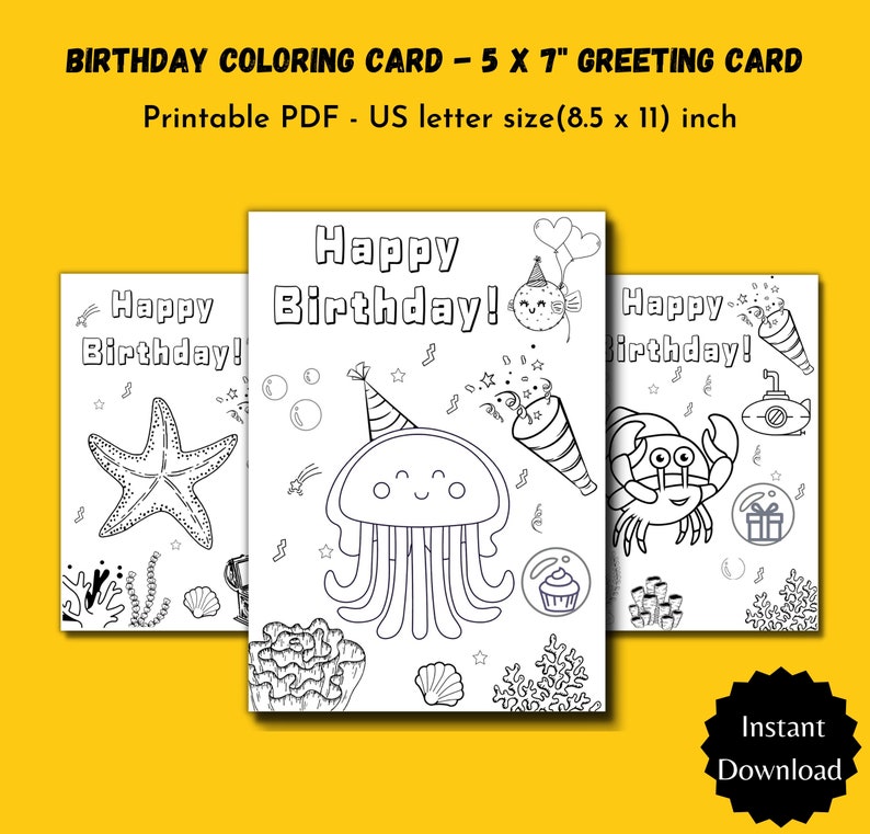 Printable Happy Birthday Coloring Cards, 6 Birthday Cards, Kids ...