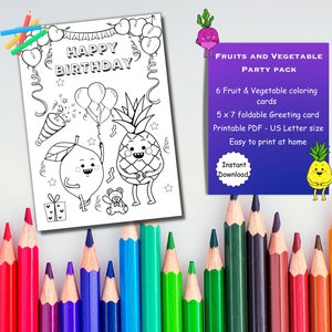 Happy Birthday Coloring Cards, 6 Fruits and Vegetable Coloring Cards ...