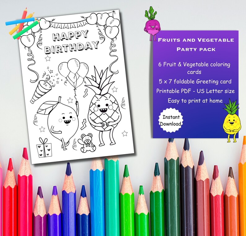 Happy Birthday Coloring Cards, 6 Fruits and Vegetable Coloring Cards ...