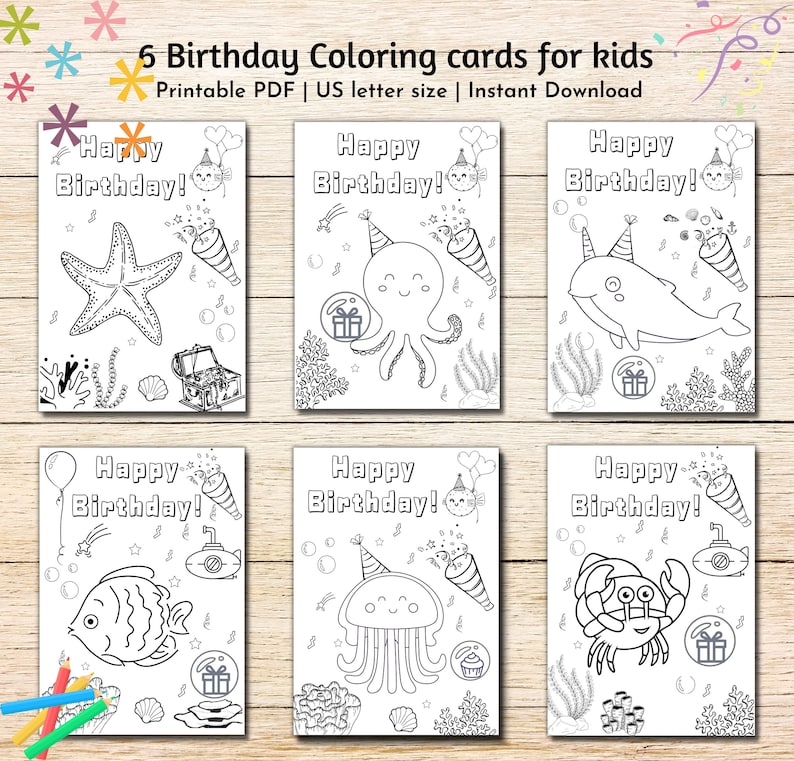 Printable Happy Birthday Coloring Cards, 6 Birthday Cards, Kids ...