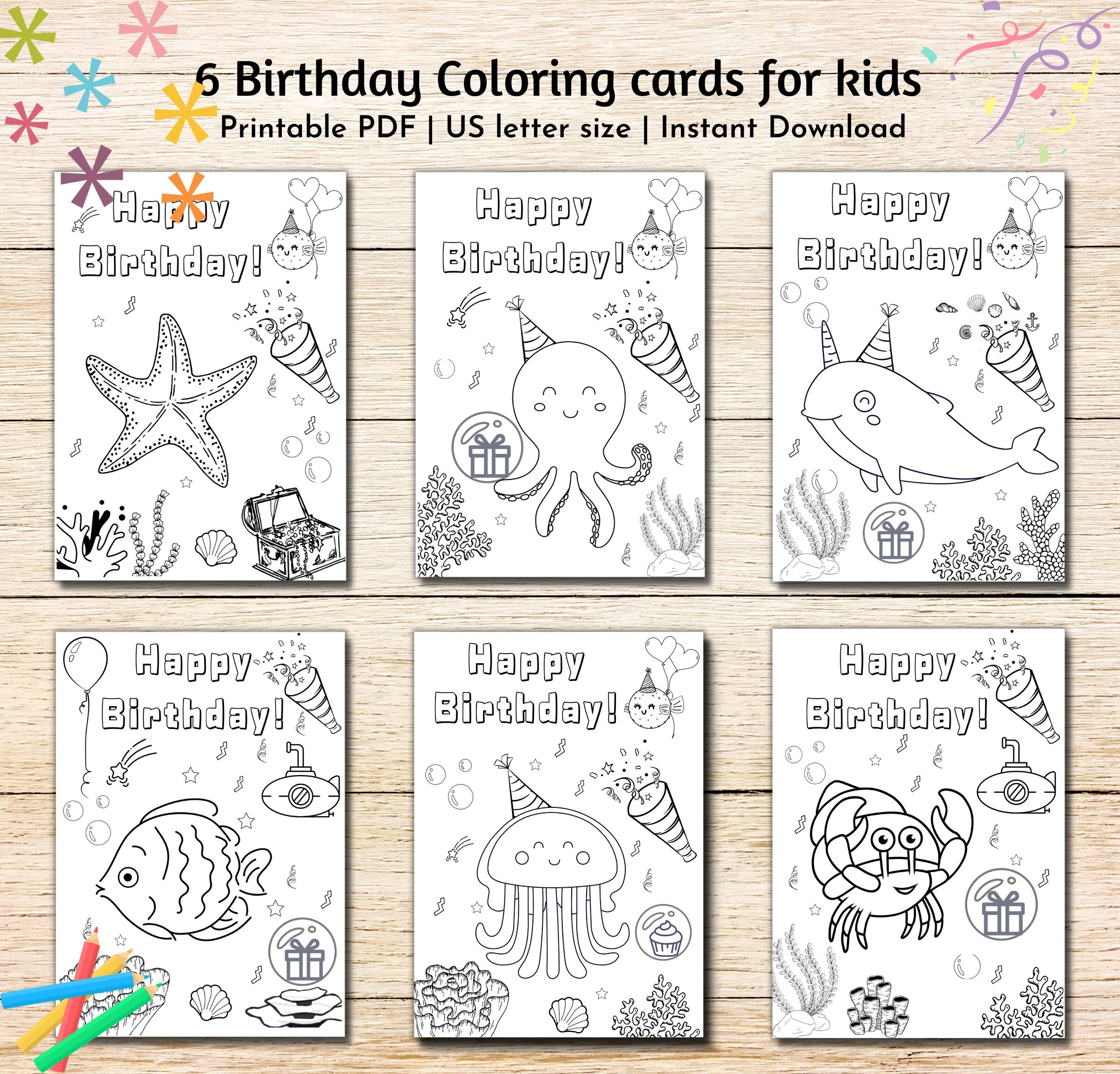 Printable Happy Birthday Coloring Cards, 6 Birthday Cards, Kids ...
