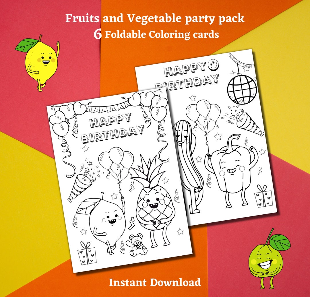 Happy Birthday Coloring Cards 6 Fruits and Vegetable Coloring - Etsy