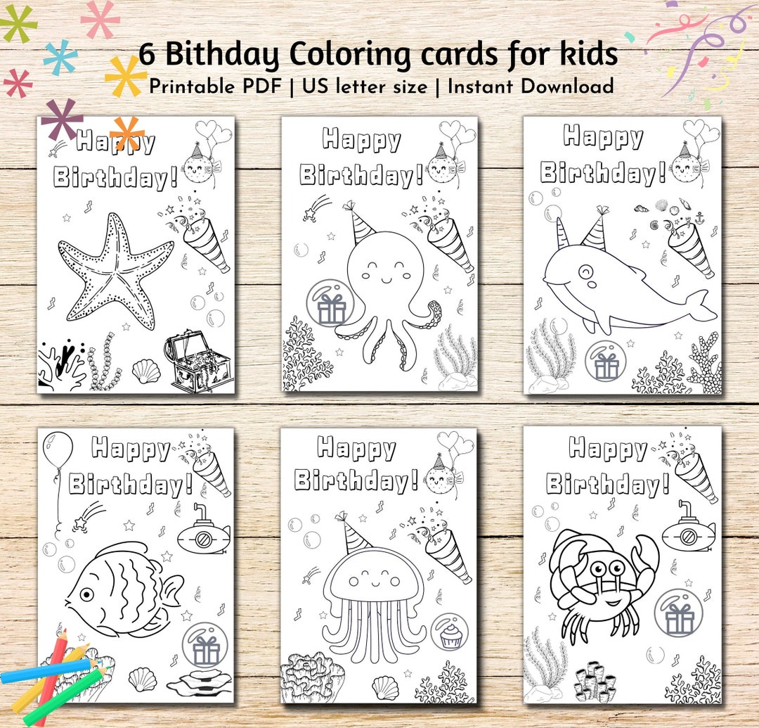 Printable Happy Birthday Coloring Cards 6 Birthday Cards - Etsy