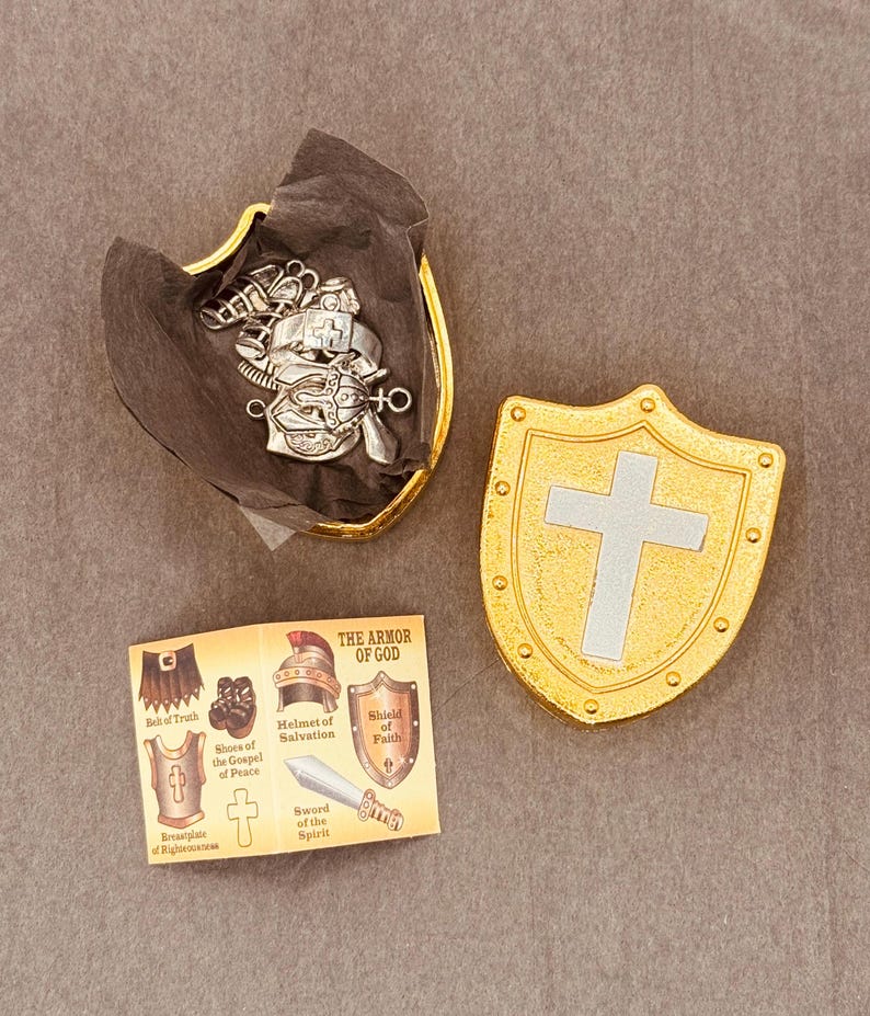 Armor of God Charms in Shield-shaped Egg: Golden Egg; Christian Easter ...