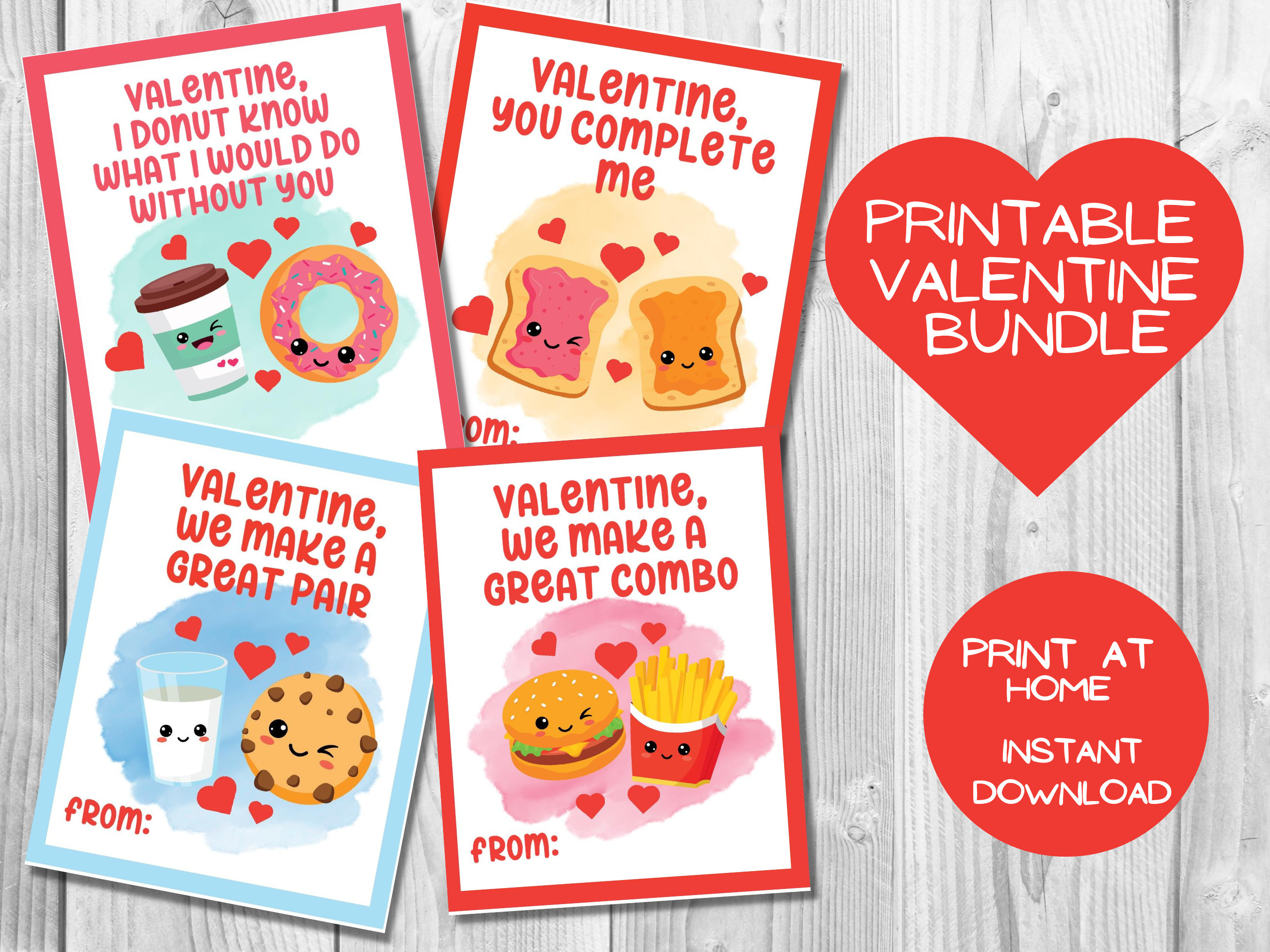 Printable Valentine Cards for Kids, Digital Valentine Cards, Cute Food ...