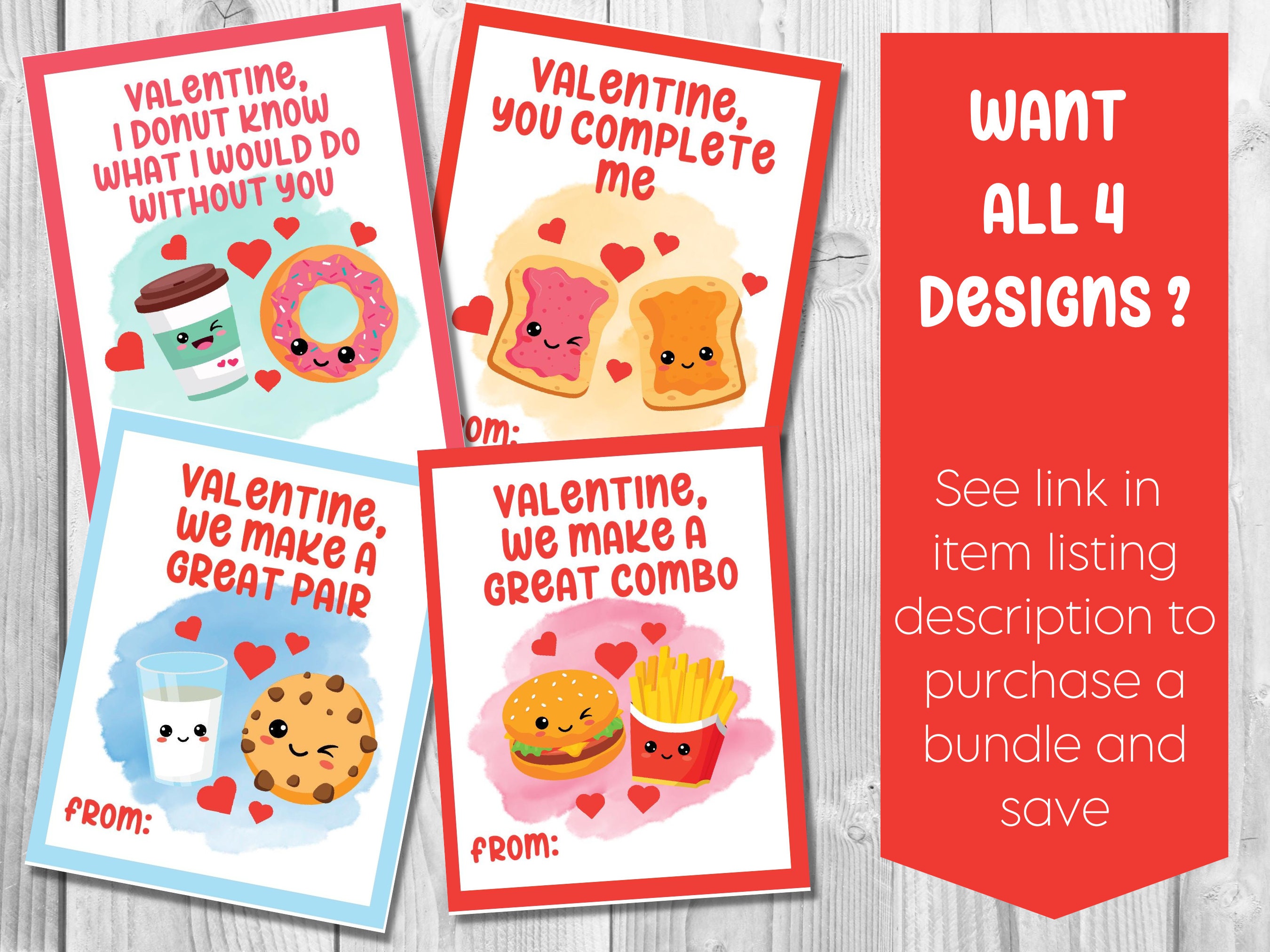 Printable Valentine Cards for Kids, Digital Valentine Cards, Cute Food ...