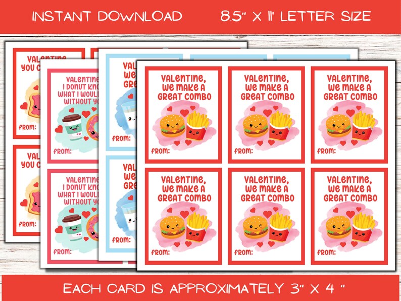 Printable Valentine Cards for Kids, Digital Valentine Cards, Cute Food ...