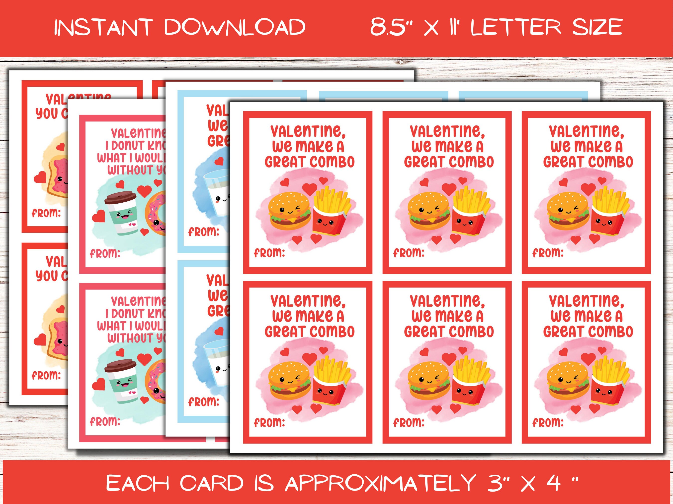 Printable Valentine Cards for Kids, Digital Valentine Cards, Cute Food ...