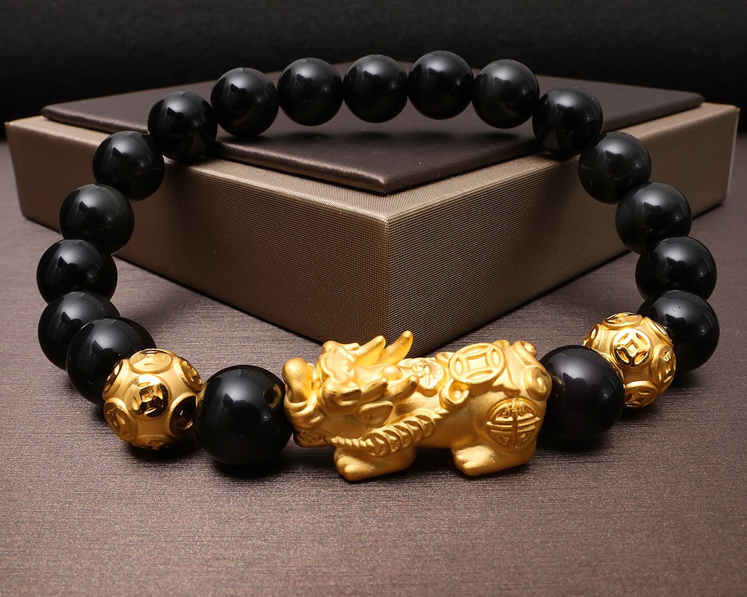 Beaded Piyao Bracelets 24K 999 Gold, Golden Wealthy Pixiu Pattern With ...