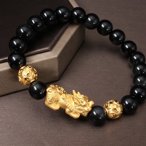 Beaded Piyao Bracelets 24K 999 Gold, Golden Wealthy Pixiu Pattern With ...