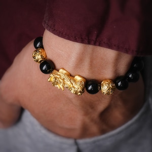 Beaded Piyao Bracelets 24K 999 Gold, Golden Wealthy Pixiu Pattern With ...