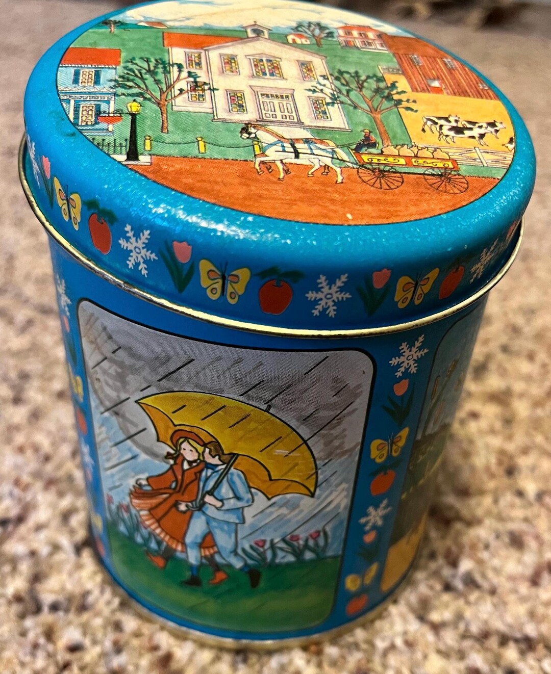 Vintage 1970 Blue Candy Tin Featuring Seasons - Etsy