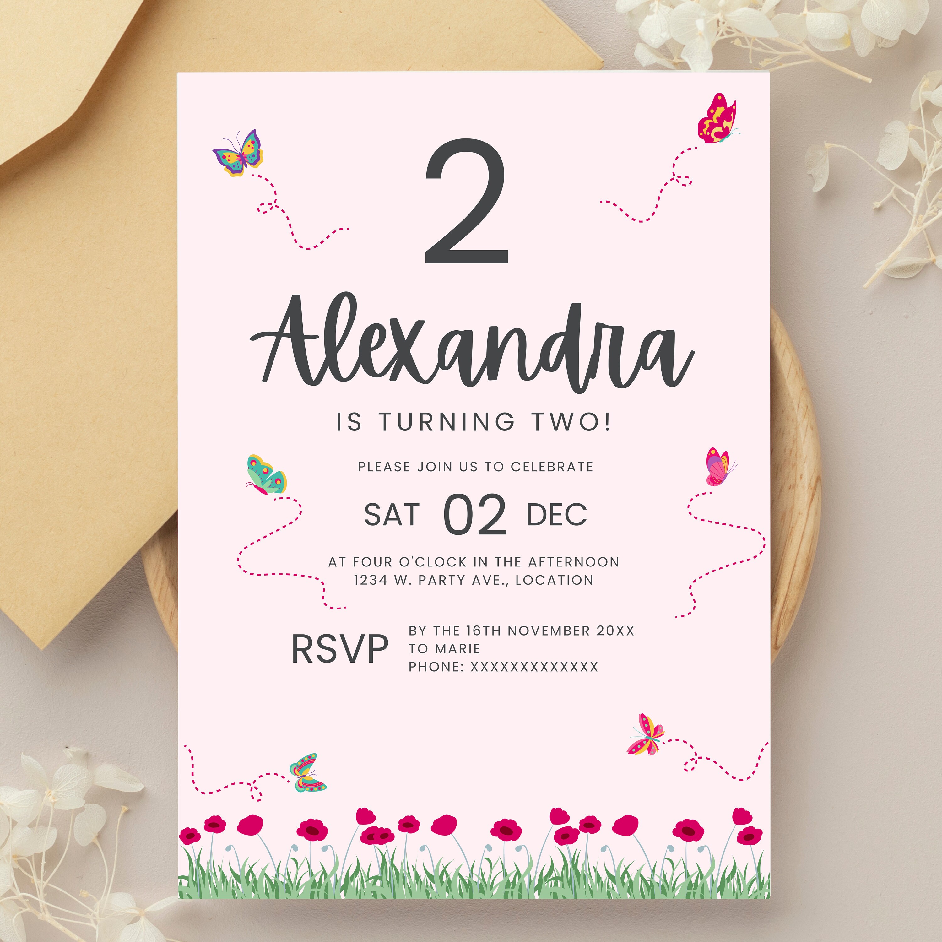 Butterfly, Flower Themed Invitation for Kids and Teens Birthdays 5x7 ...